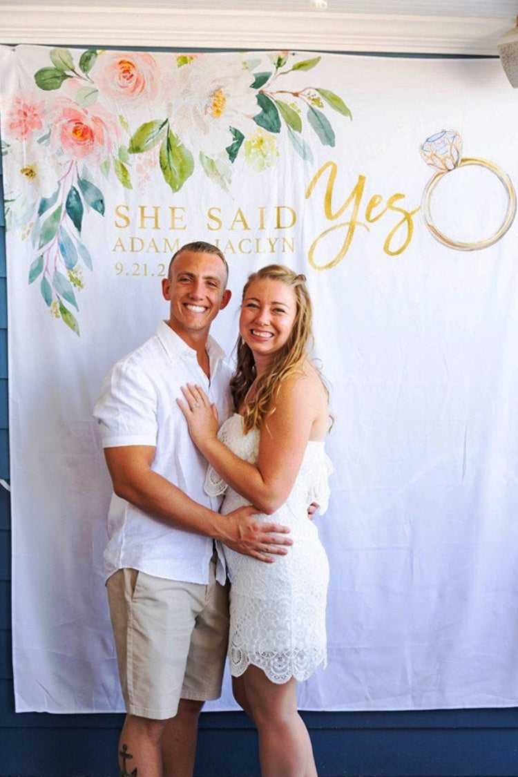 She Said Yes Engagement Party Backdrop | Blushing Drops